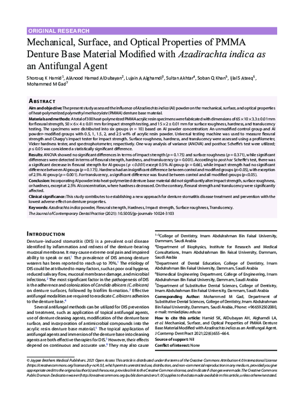 (PDF) Mechanical, Surface, and Optical Properties of PMMA Denture Base ...