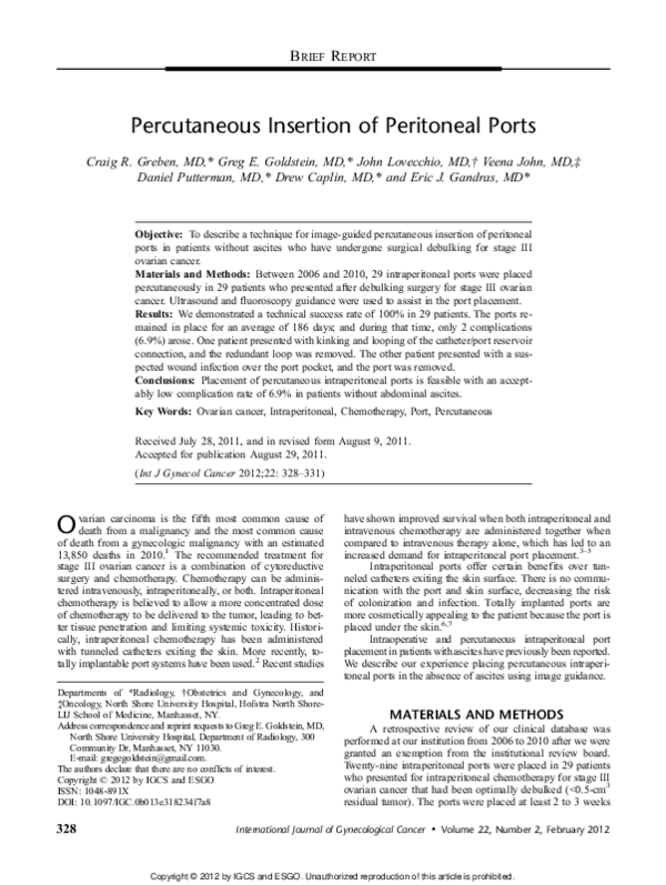 (PDF) Percutaneous Insertion of Peritoneal Ports | Craig Greben ...