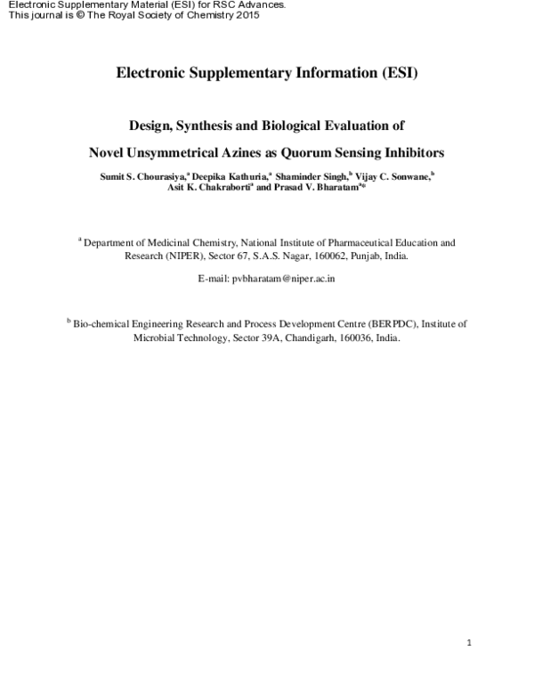 (PDF) Design, synthesis and biological evaluation of novel unsymmetrical azines as quorum ...