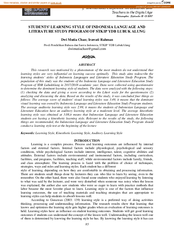(PDF) Students’ Learning Style of Indonesia Language and Literature Study Program of Stkip Ydb ...