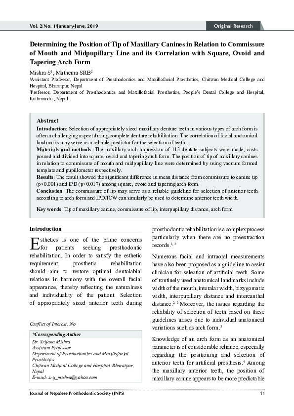 (PDF) Determining the Position of Tip of Maxillary Canines in Relation ...