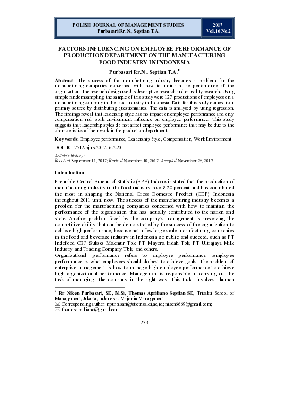 (PDF) Factors Influencing on Employee Performance of Production ...