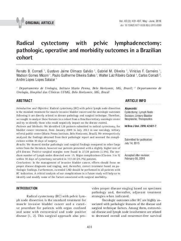 (PDF) Radical cystectomy with pelvic lymphadenectomy: pathologic, operative and morbidity ...
