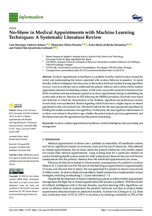 (PDF) No-Show in Medical Appointments with Machine Learning Techniques: A Systematic Literature ...
