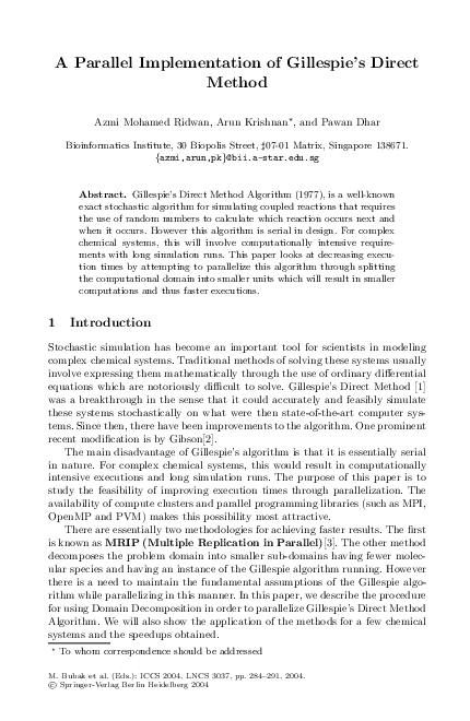 (PDF) A Parallel Implementation of Gillespie’s Direct Method | Arun Krishnan - Academia.edu