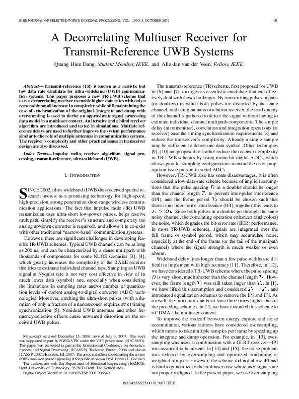 Pdf A Decorrelating Multiuser Receiver For Transmit Reference Uwb Systems