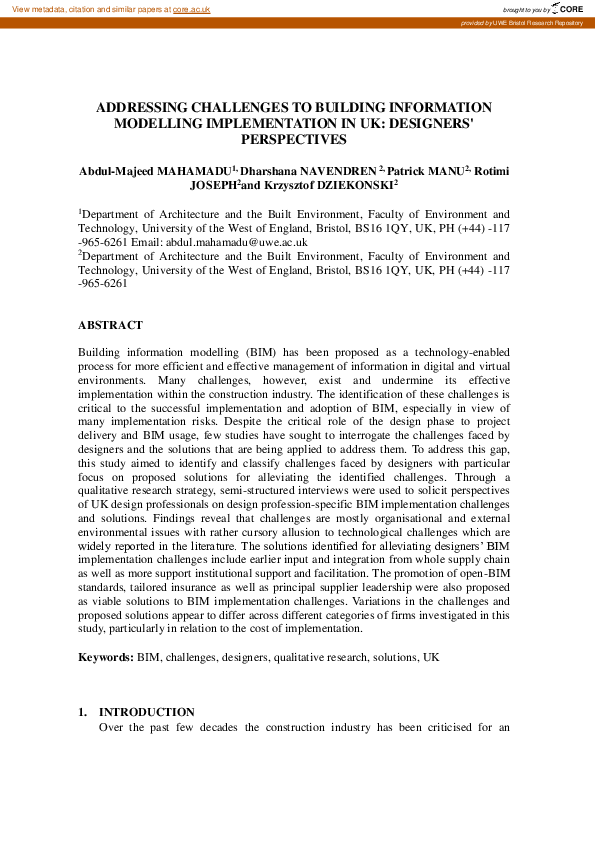 (PDF) Addressing challenges to building information modelling implementation in UK: designers ...