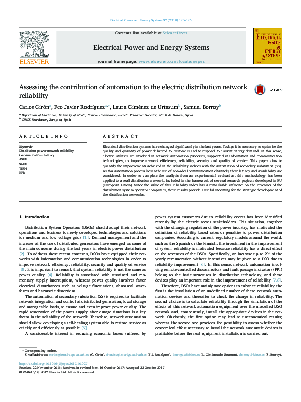 Pdf Assessing The Contribution Of Automation To The Electric Distribution Network Reliability