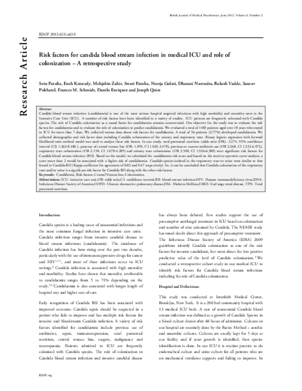 (PDF) Risk factors for candida blood stream infection in medical ICU ...