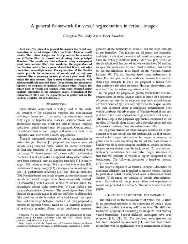 (PDF) A general framework for vessel segmentation in retinal images