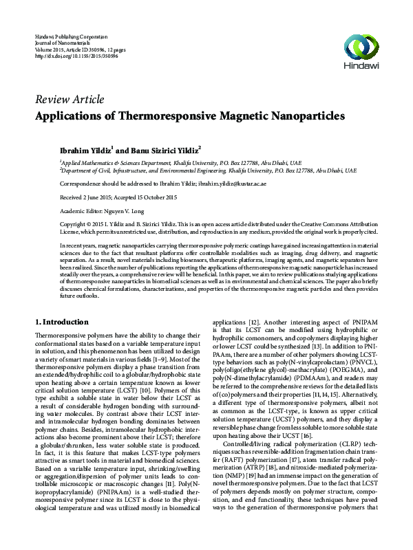(PDF) Applications of Thermoresponsive Magnetic Nanoparticles | Banu Sizirici Yildiz - Academia.edu