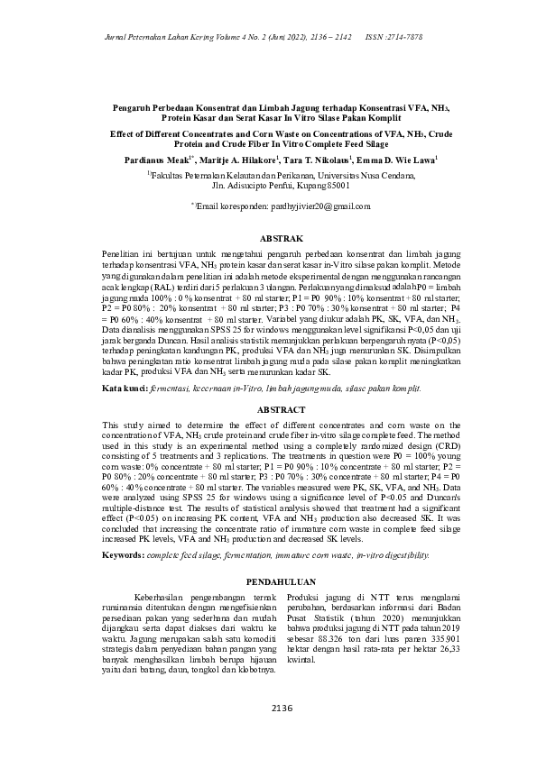 (PDF) Pengaruh Perbedaan Konsentrat dan Limbah Jagung terhadap Konsentrasi VFA, NH3, Protein ...