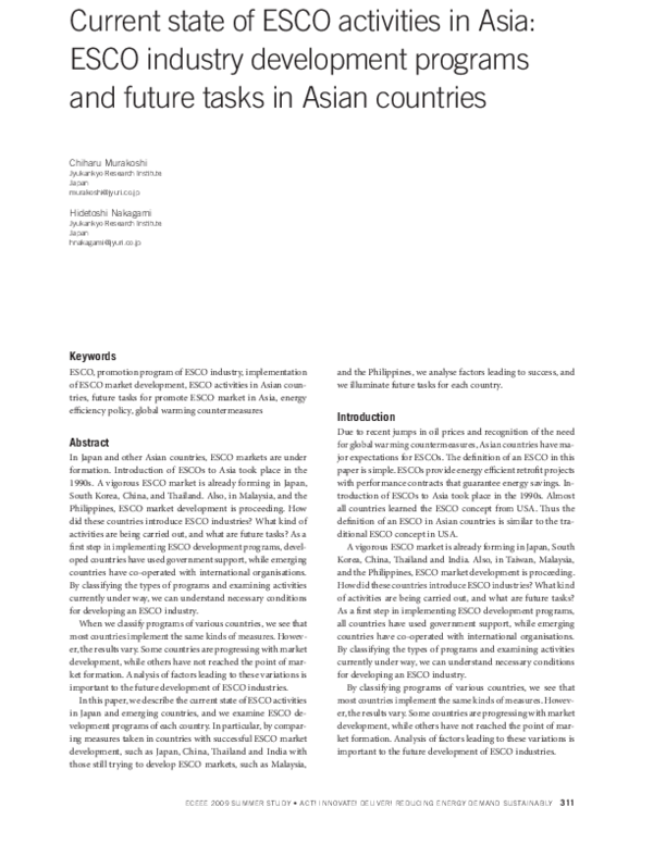 (PDF) Current state of ESCO activities in Asia: ESCO industry ...