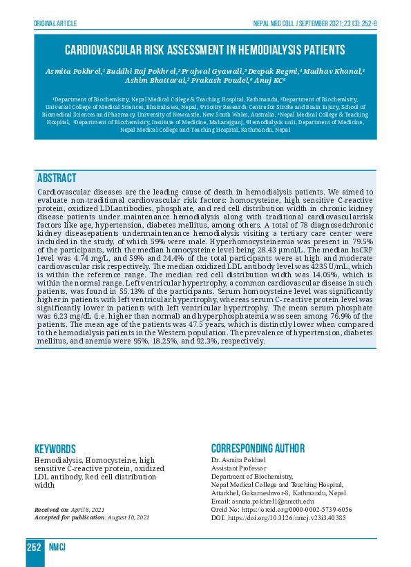 (PDF) Assessing Cardiovascular Risks in Hemodialysis