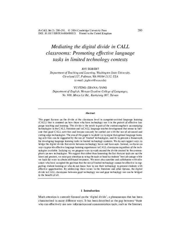 (PDF) Mediating the digital divide in CALL classrooms: Promoting effective language tasks in ...