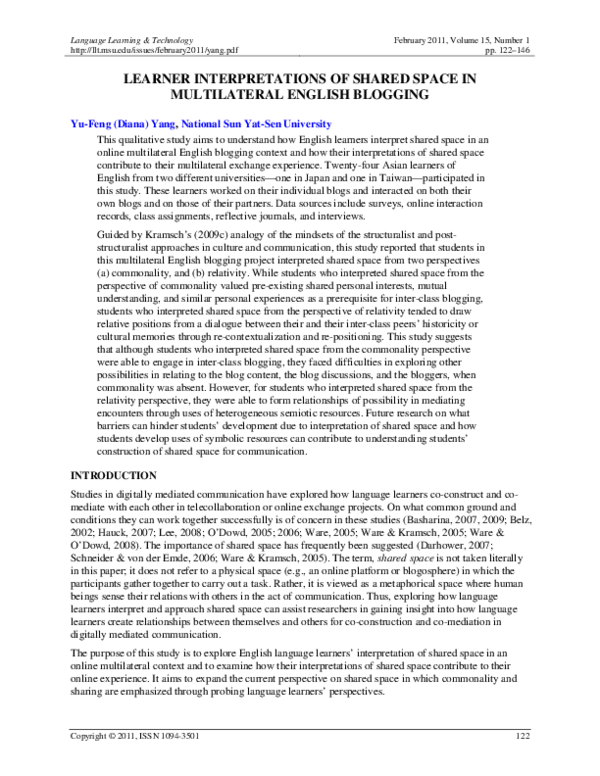 Learner Interpretations of Shared Space in Multilateral English Blogging