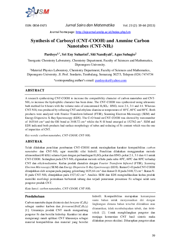 (PDF) Synthesis of Carboxyl (CNT-COOH) and Ammine Carbon Nanotubes (CNT ...