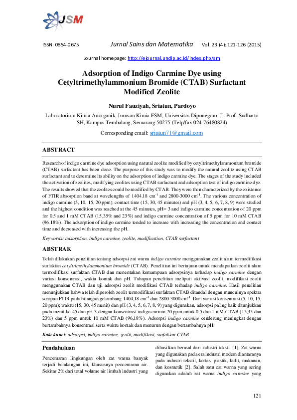 (PDF) Adsorption of Indigo Carmine Dye using Cetyltrimethylammonium Bromide (CTAB) Surfactant ...