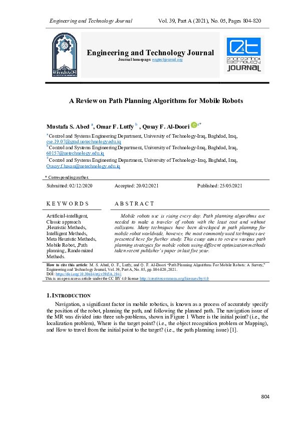 (PDF) A Review on Path Planning Algorithms for Mobile Robots