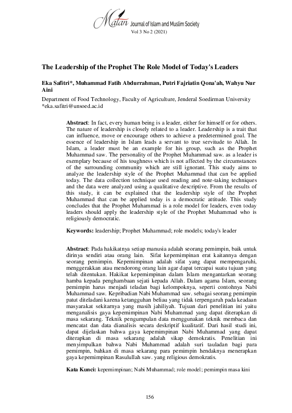 (PDF) The Leadership of the Prophet: The Role Model of Today's Leaders