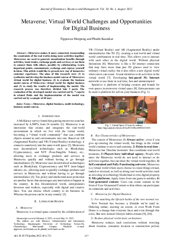 (PDF) Metaverse; Virtual World Challenges and Opportunities for Digital Business