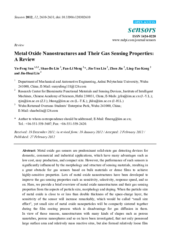 (PDF) Metal Oxide Nanostructures and Their Gas Sensing Properties: A Review