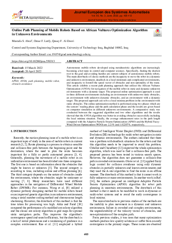 (PDF) Online Path Planning of Mobile Robots Based on African Vultures Optimization Algorithm in ...