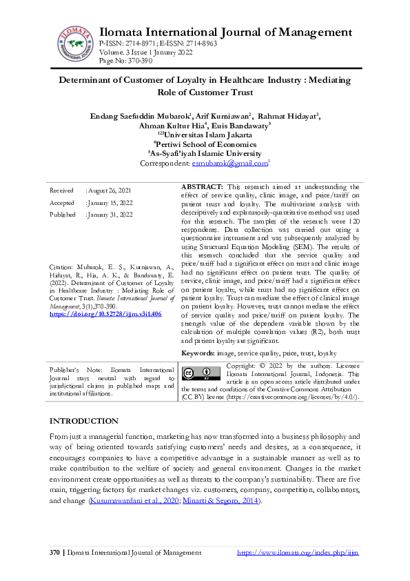 Pdf Determinant Of Customer Of Loyalty In Healthcare Industry Mediating Role Of Customer Trust