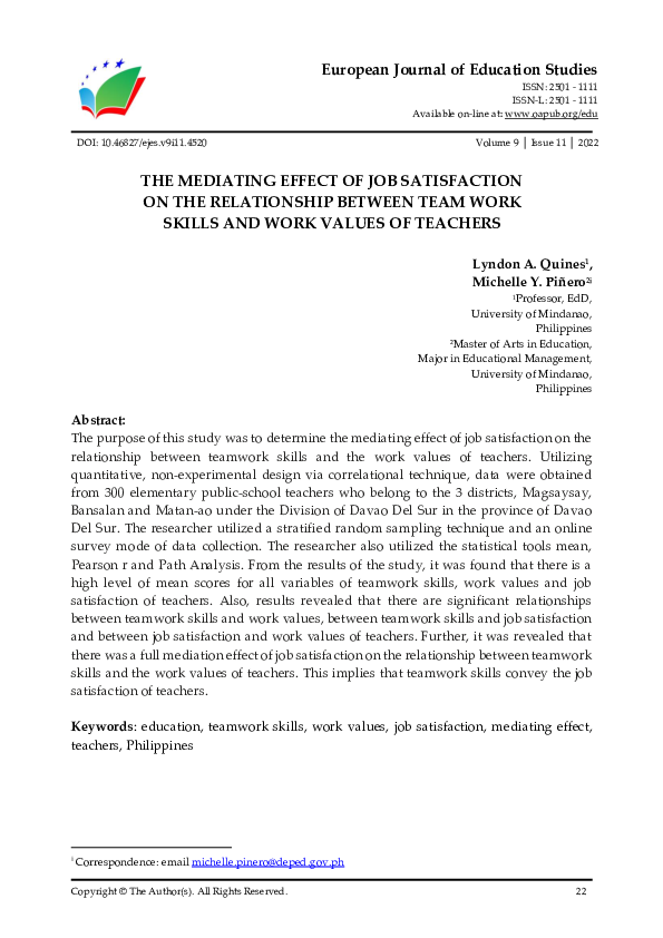 (PDF) The Mediating Effect of Job Satisfaction on the Relationship ...