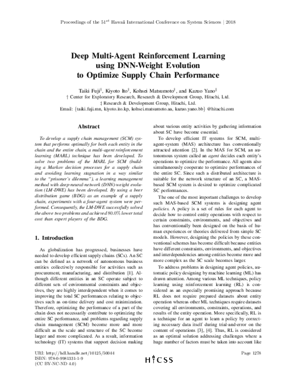 Deep Multi-Agent Reinforcement Learning using DNN-Weight Evolution to Optimize Supply Chain ...