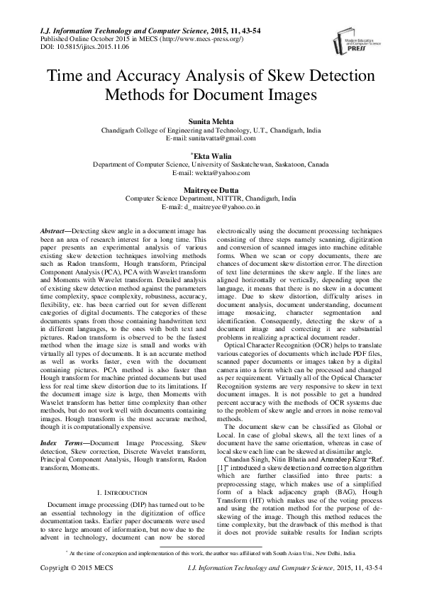 Pdf Time And Accuracy Analysis Of Skew Detection Methods For Document