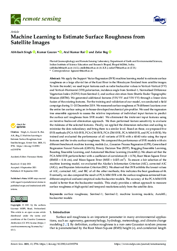 Pdf Machine Learning To Estimate Surface Roughness From Satellite Images Zafar Beg