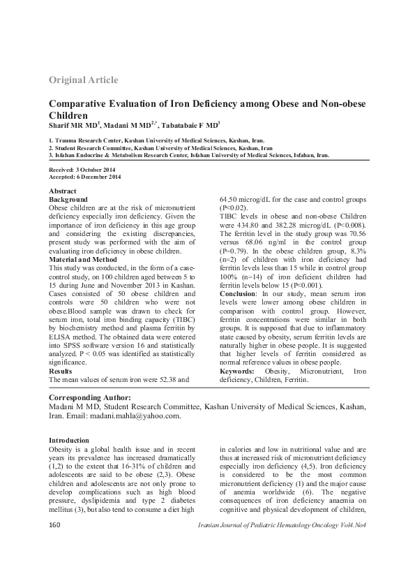 (PDF) Comparative Evaluation of Iron Deficiency among Obese and Non ...