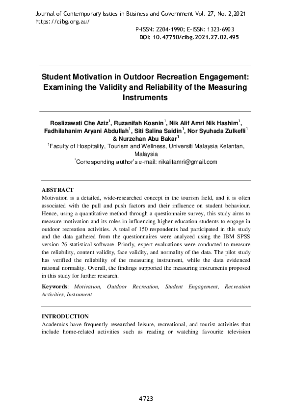 (PDF) Student Motivation in Outdoor Recreation Engagement: Examining the Validity and ...