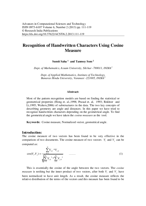 (PDF) Recognition of Handwritten Characters Using Cosine Measure | Tanmoy Som - Academia.edu