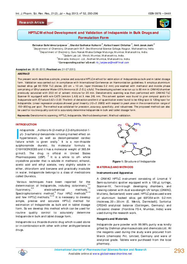 (PDF) HPTLC Method Development and Validation of Indapamide in Bulk Drugs and Formulation Form ...