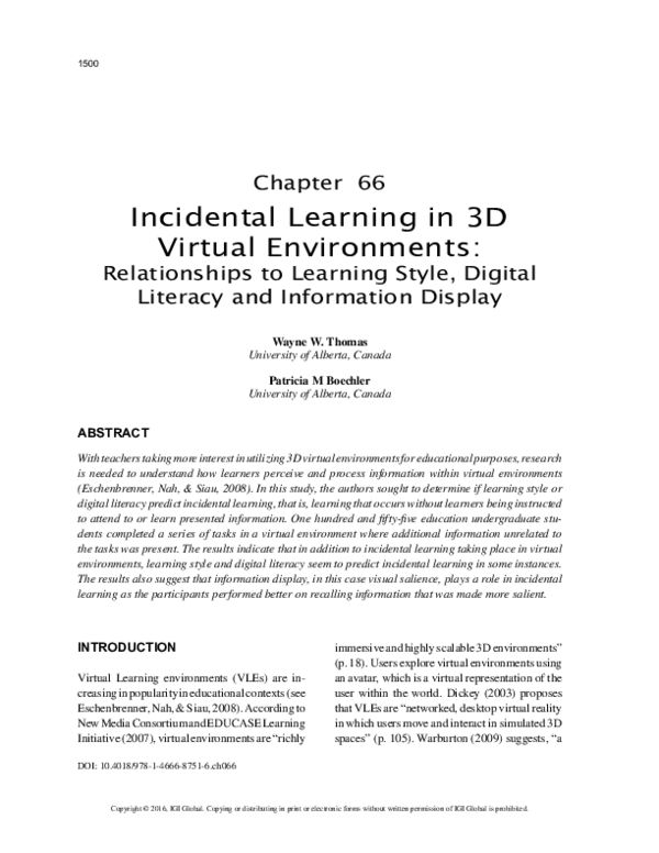(PDF) Incidental Learning in 3D Virtual Environments