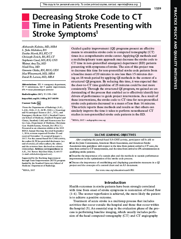 (PDF) Decreasing Stroke Code to CT Time in Patients Presenting with Stroke Symptoms