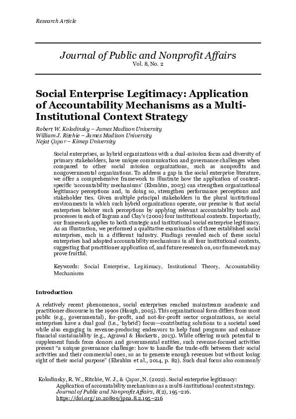 (PDF) Social Enterprise Legitimacy: Application of Accountability ...