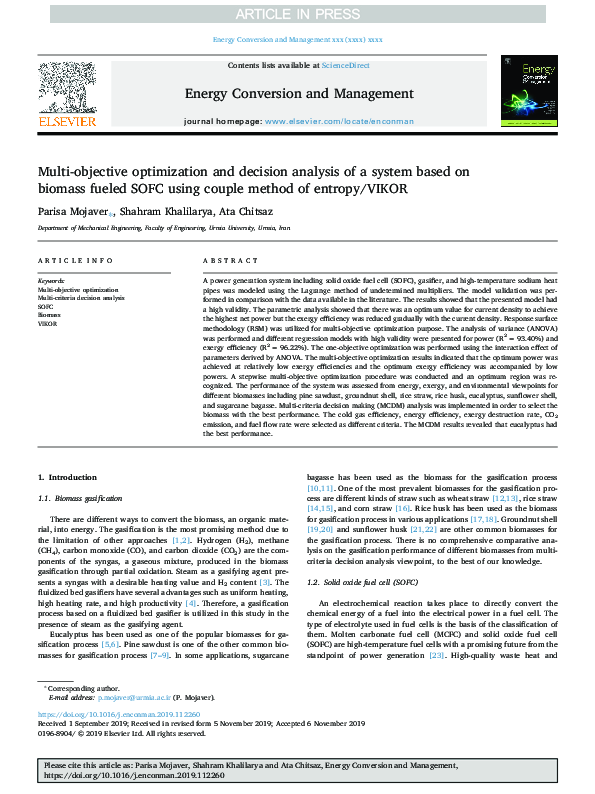 (PDF) Multi-objective optimization and decision analysis of a system based on biomass fueled ...