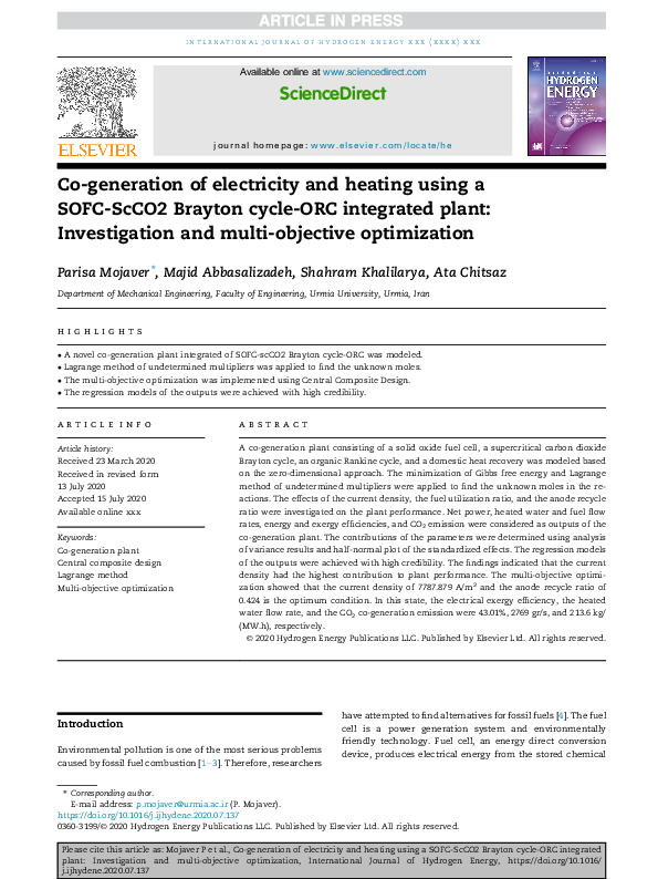 Pdf Co Generation Of Electricity And Heating Using A Sofc Scco2 Brayton Cycle Orc Integrated