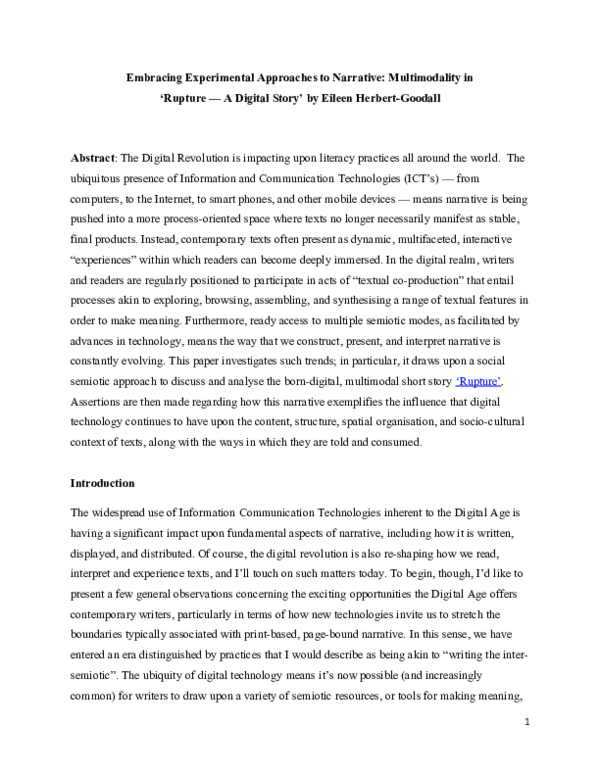 (DOC) Embracing Experimental Approaches to Narrative: Multimodality in 'Rupture -A Digital Story ...