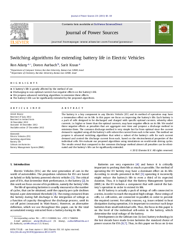 (PDF) Switching algorithms for extending battery life in Electric Vehicles