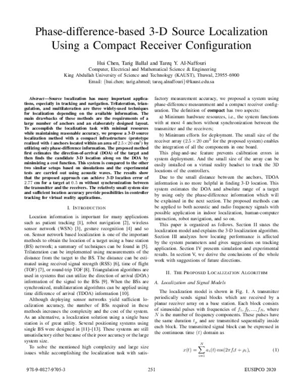 (PDF) Phase-difference-based 3-D Source Localization Using a Compact Receiver Configuration
