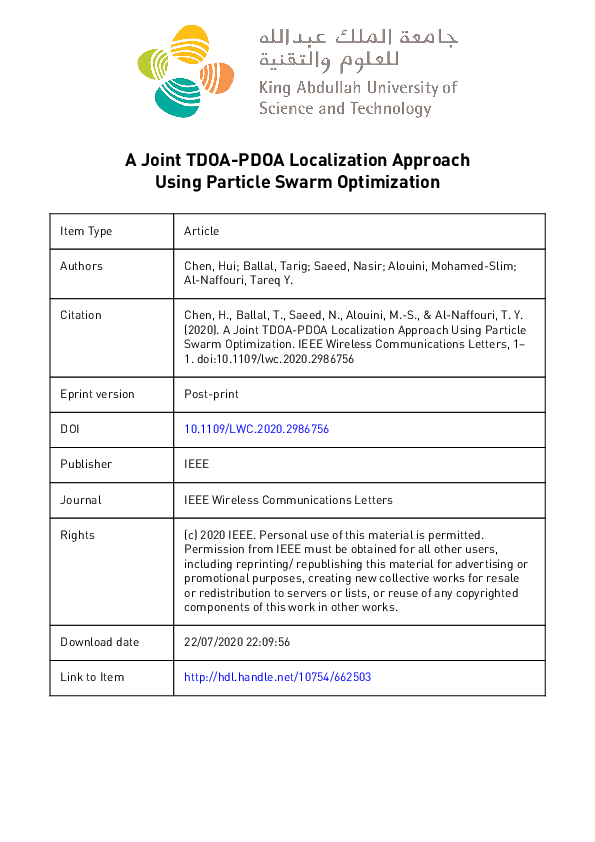 (PDF) A Joint TDOA-PDOA Localization Approach Using Particle Swarm Optimization
