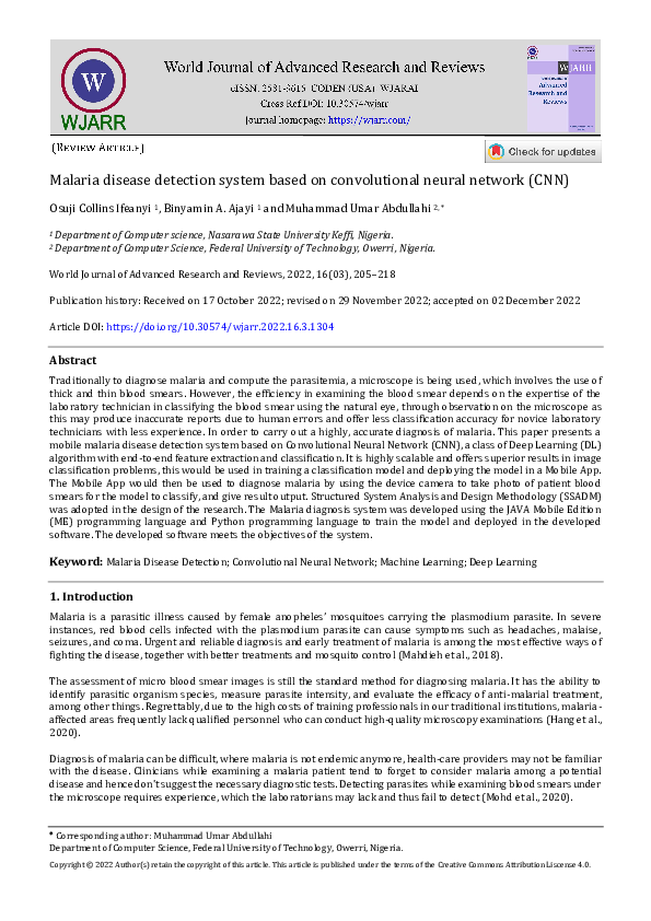 Pdf Malaria Disease Detection System Based On Convolutional Neural