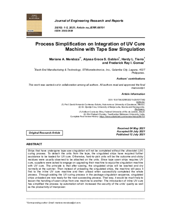 (PDF) Process Simplification on Integration of UV Cure Machine with ...