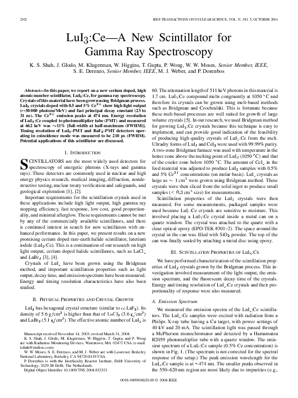 (PDF) LuI/sub 3/:Ce-a new scintillator for gamma ray spectroscopy