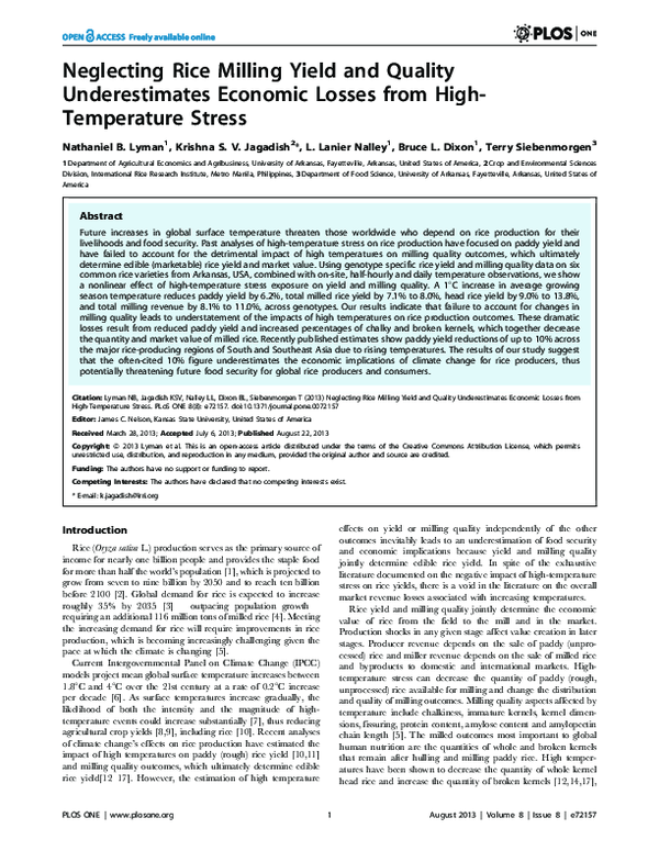(PDF) Neglecting Rice Milling Yield and Quality Underestimates Economic ...