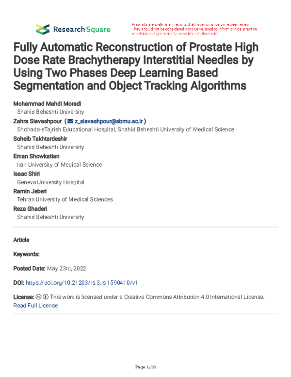 (PDF) Fully Automatic Reconstruction of Prostate High Dose Rate Brachytherapy Interstitial ...
